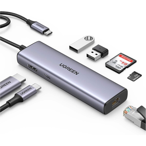 UGREEN USB-C Hub na 2x USB 3.0, HDMI, RJ45, SD/TF a PD port - JRC.cz